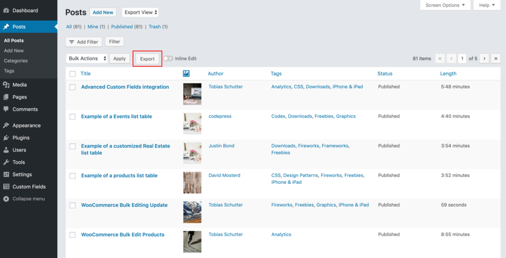 Export your post and custom field data to CSV with Admin Columns Pro