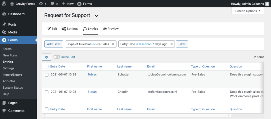 Gravity Forms Integration - Admin Columns